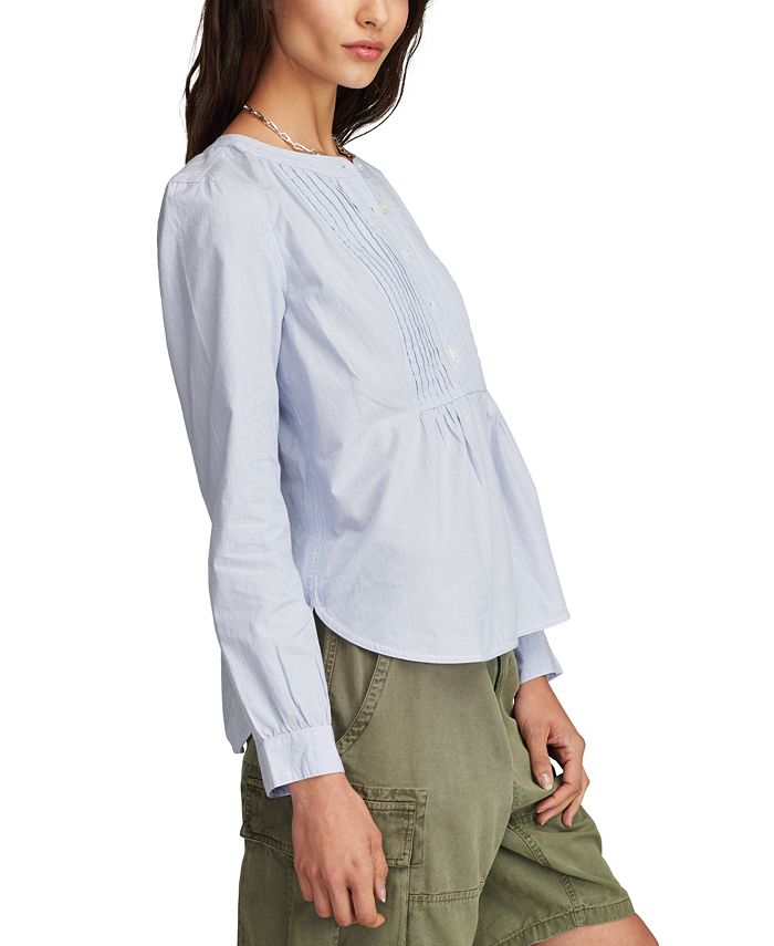 Lucky Brand Women's Striped Cotton Pintuck-Bib Blouse - Macy's