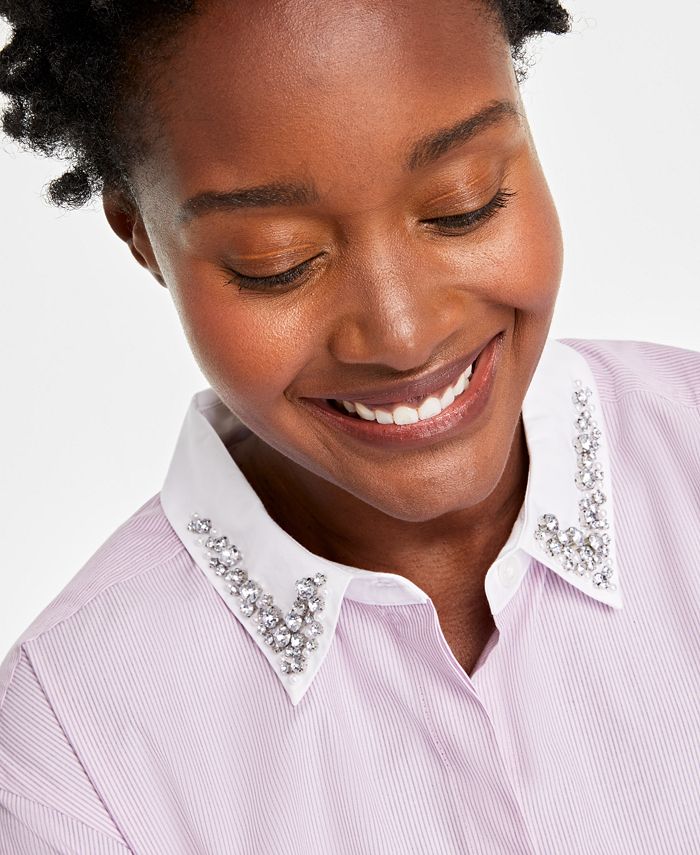 On 34th Women's Embellished Delicate-Stripe Shirt, Created for Macy's ...