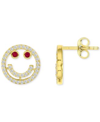 Lab-Grown Ruby (1/4 ct. t.w.) & Cubic Zirconia Smiley Stud Earrings in 14k Gold-Plated Sterling ...