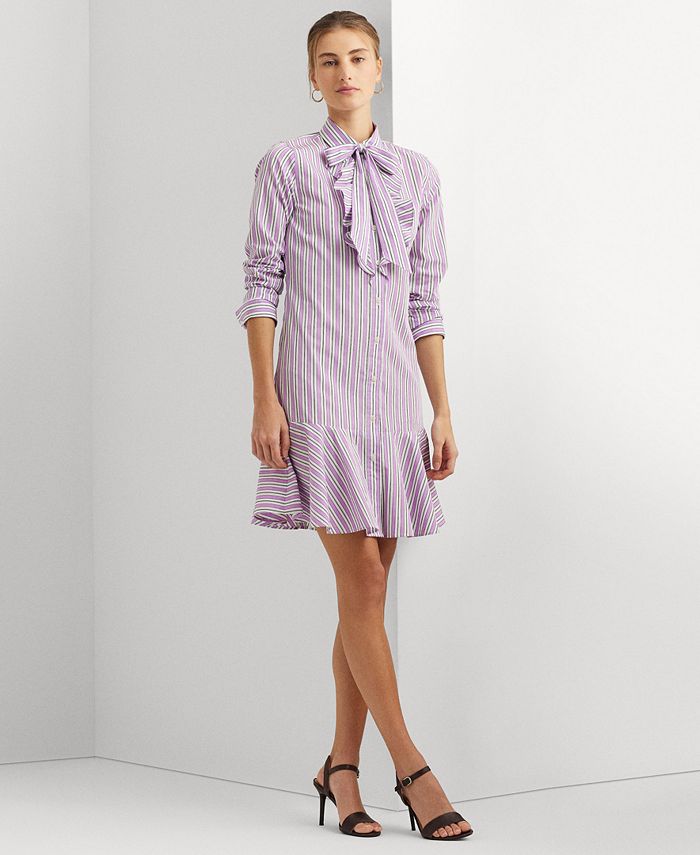 Lauren Ralph Lauren Women's Striped Broadcloth Tie-Neck Shirtdress - Macy's