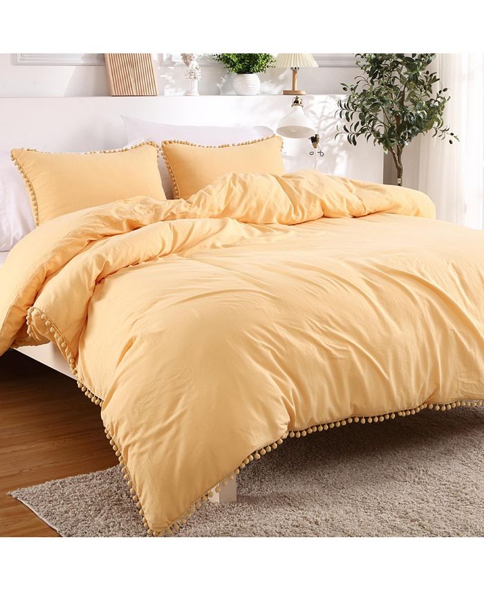 CAROMIO 3 Piece Pom Pom Soft Washed Microfiber Duvet Cover Set, Queen ...