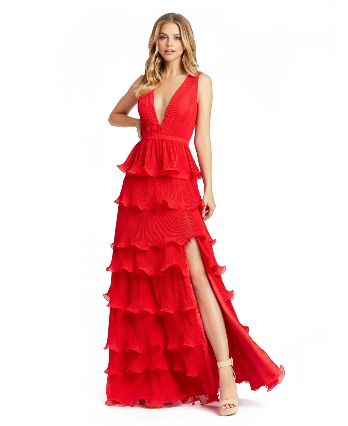Click here for Mac Duggal Womens Sleeveless Ruffle Tiered V Neck... prices