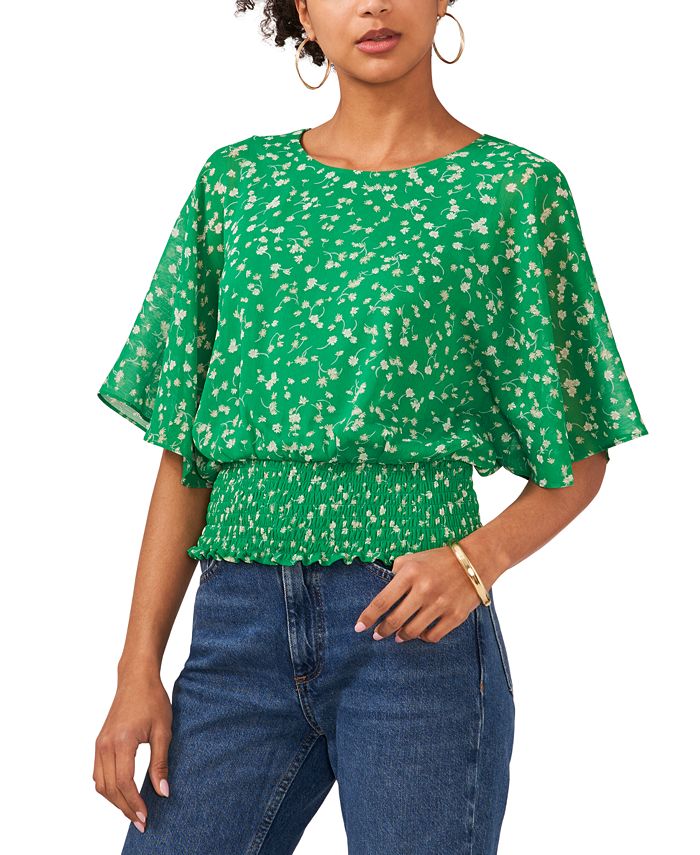 Sam & Jess Petite Printed Smocked-Waist Dolman-Sleeve Top - Macy's