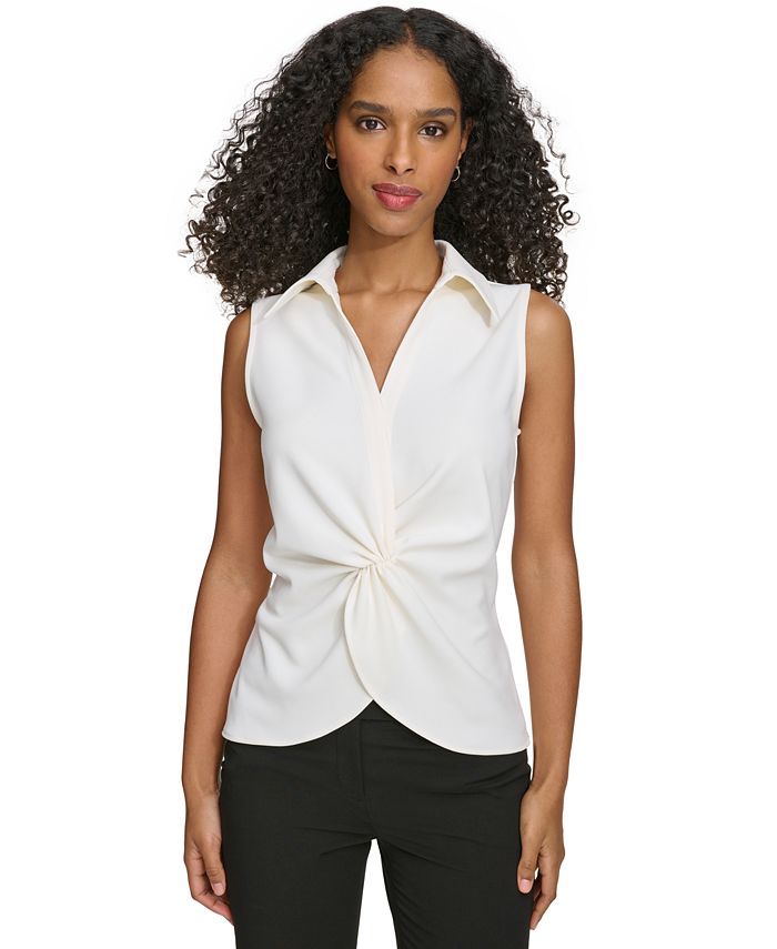 Calvin Klein Petite Scuba Crepe Collared Twist-Front Top - Macy's