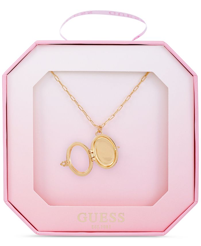 GUESS Gold-Tone Removable Stone Oval Locket Pendant Necklace, 18" + 3 ...