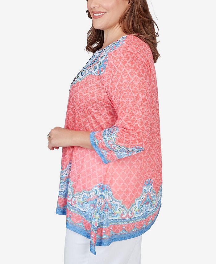 Ruby Rd. Plus Size Embellished Guava Border Print Sublimation Top - Macy's