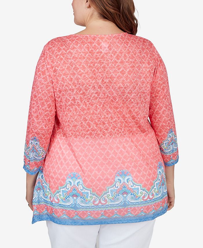 Ruby Rd. Plus Size Embellished Guava Border Print Sublimation Top - Macy's