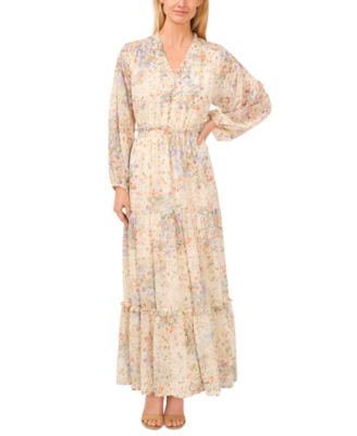 CeCe Women's Printed Ruffle Trim Balloon-Sleeve Maxi Dress - Macy's