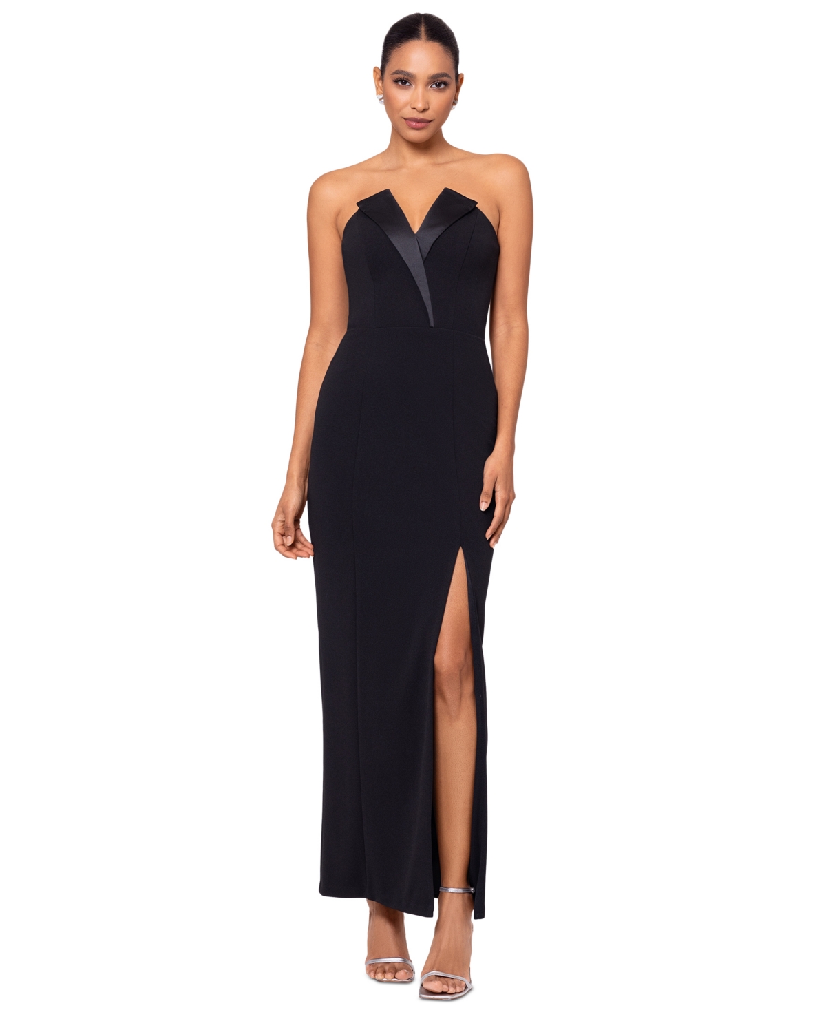 Click here for Betsy & Adam Strapless Tuxedo Gown - Black prices