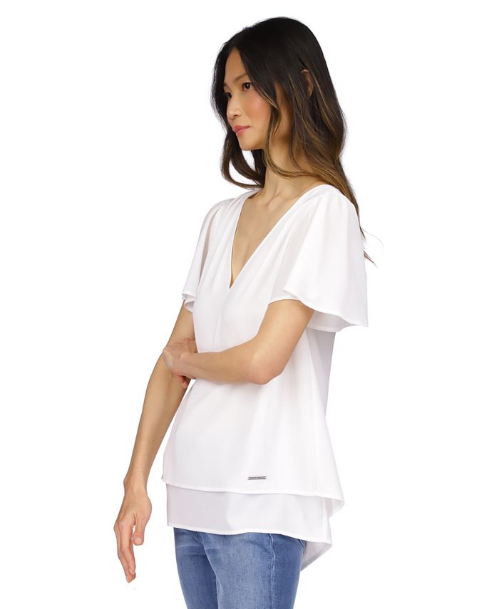 Michael Kors Womens Layered V Neck Flutter Sleeve Top Macys