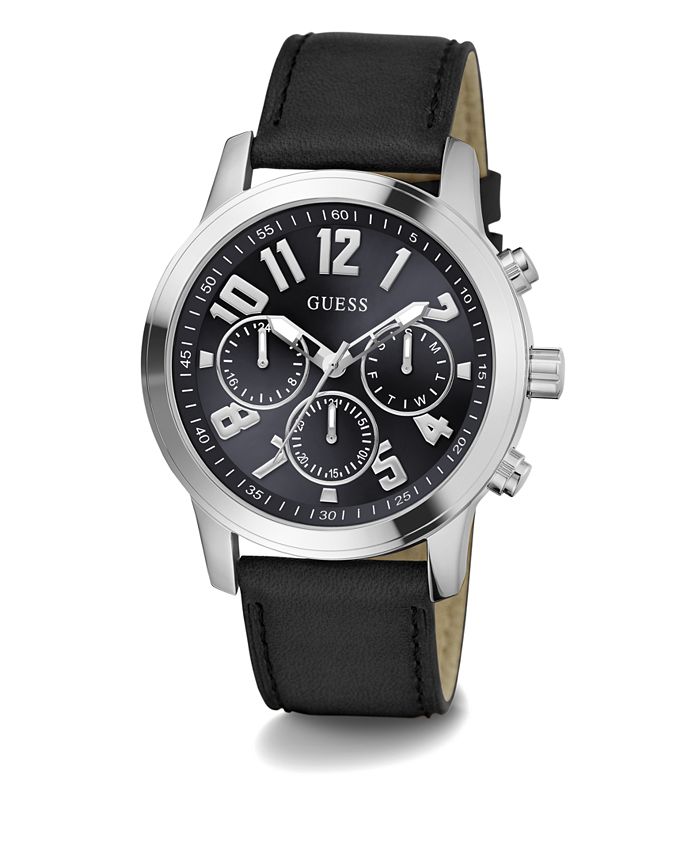 GUESS Men's Analog Black Genuine Leather Watch 44mm - Macy's