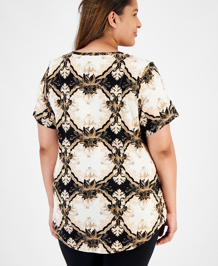 JM Collection Plus Size Lush Print V-Neck Top, Created for Macy's - Macy's