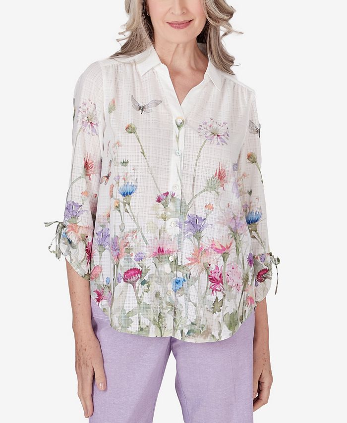 Alfred Dunner Women's Garden Party Watercolor Floral Button Down Blouse ...