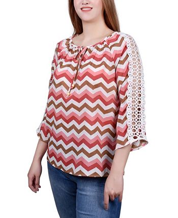 NY Collection Petite 3/4 Sleeve Tunic with Crochet and Tie Neck - Macy's