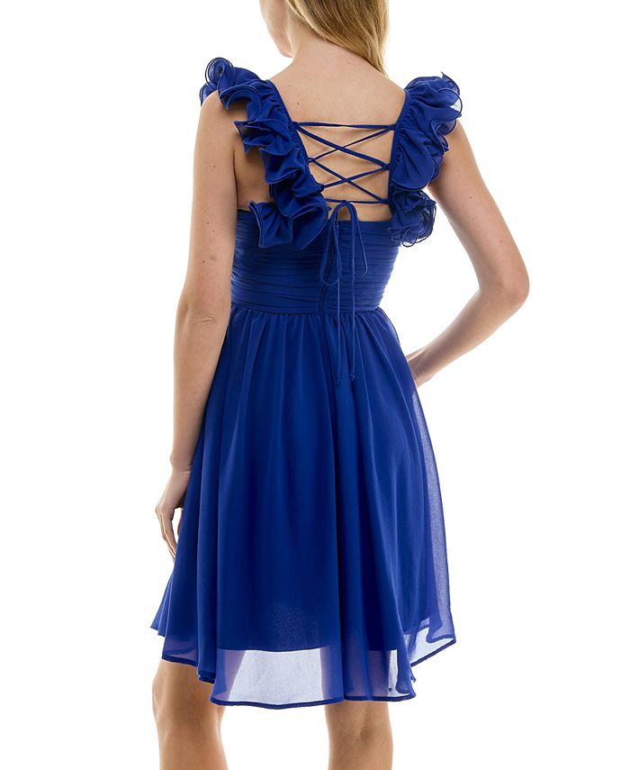 City Studios Juniors' Ruffle-Sleeve Lace-Up Back Fit & Flare Dress - Macy's