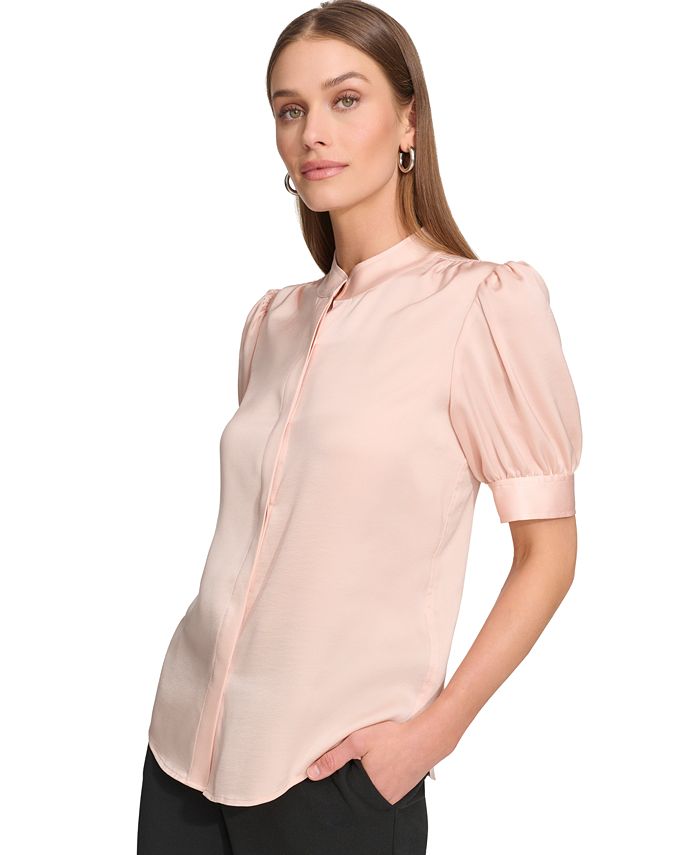 DKNY Women's Puff-Sleeve Mandarin-Collar Covered-Placket Blouse - Macy's