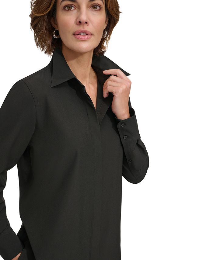 DKNY Women's Solid Covered-Placket Long-Sleeve Shirt - Macy's