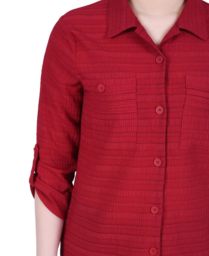 NY Collection Women's Long Roll Tab Sleeve Jacquard Blouse - Macy's