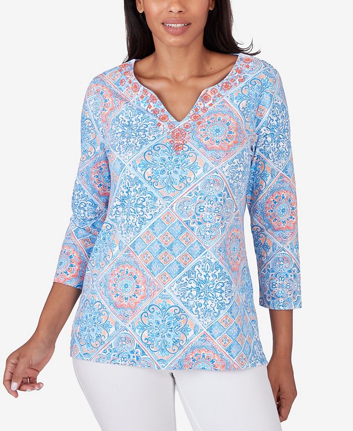 Ruby Rd. Petite Embellished Diagonal Tiles Patchwork Top - Macy's