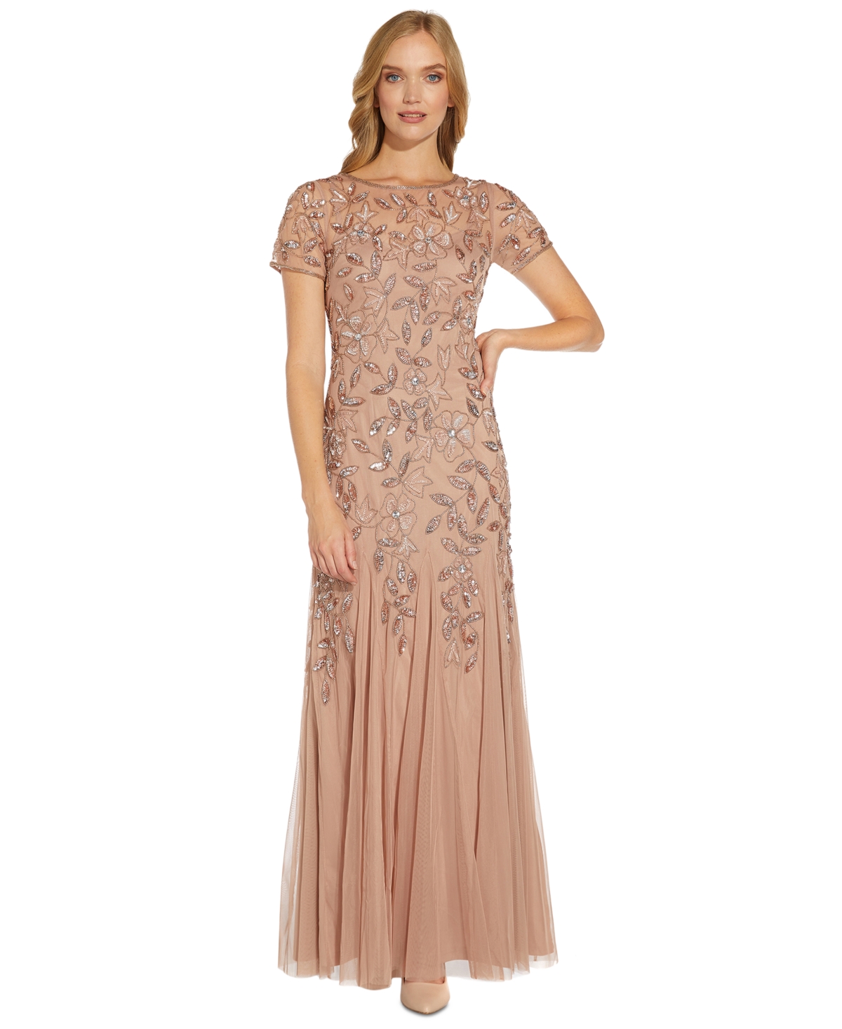 Click here for Adrianna Papell Size Floral-Beaded Gown - Rose Gol... prices