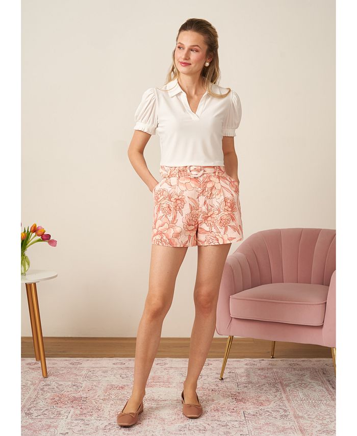 CeCe Women's Floral High Rise Belted Pleated Shorts - Macy's