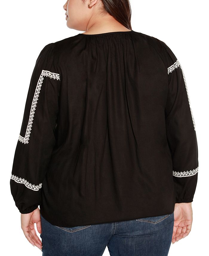 Belldini Black Label Plus Size Embroidered Blouson Tie Neck Top - Macy's