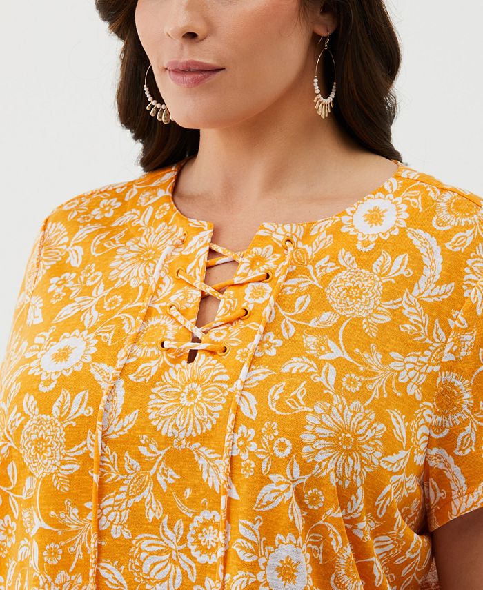 ELLA Rafaella Plus Size Paisley Print Lace-Up Short Sleeve Tee Shirt ...