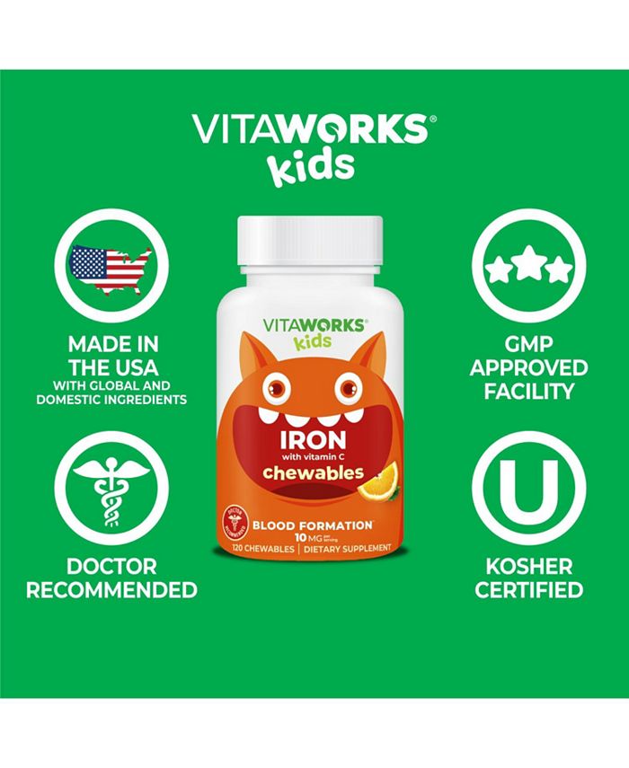 Vitaworks Kids Iron 10 mg with Vitamin C 50 mg Chewable Tablets - Healthy Iron Levels - Tasty ...