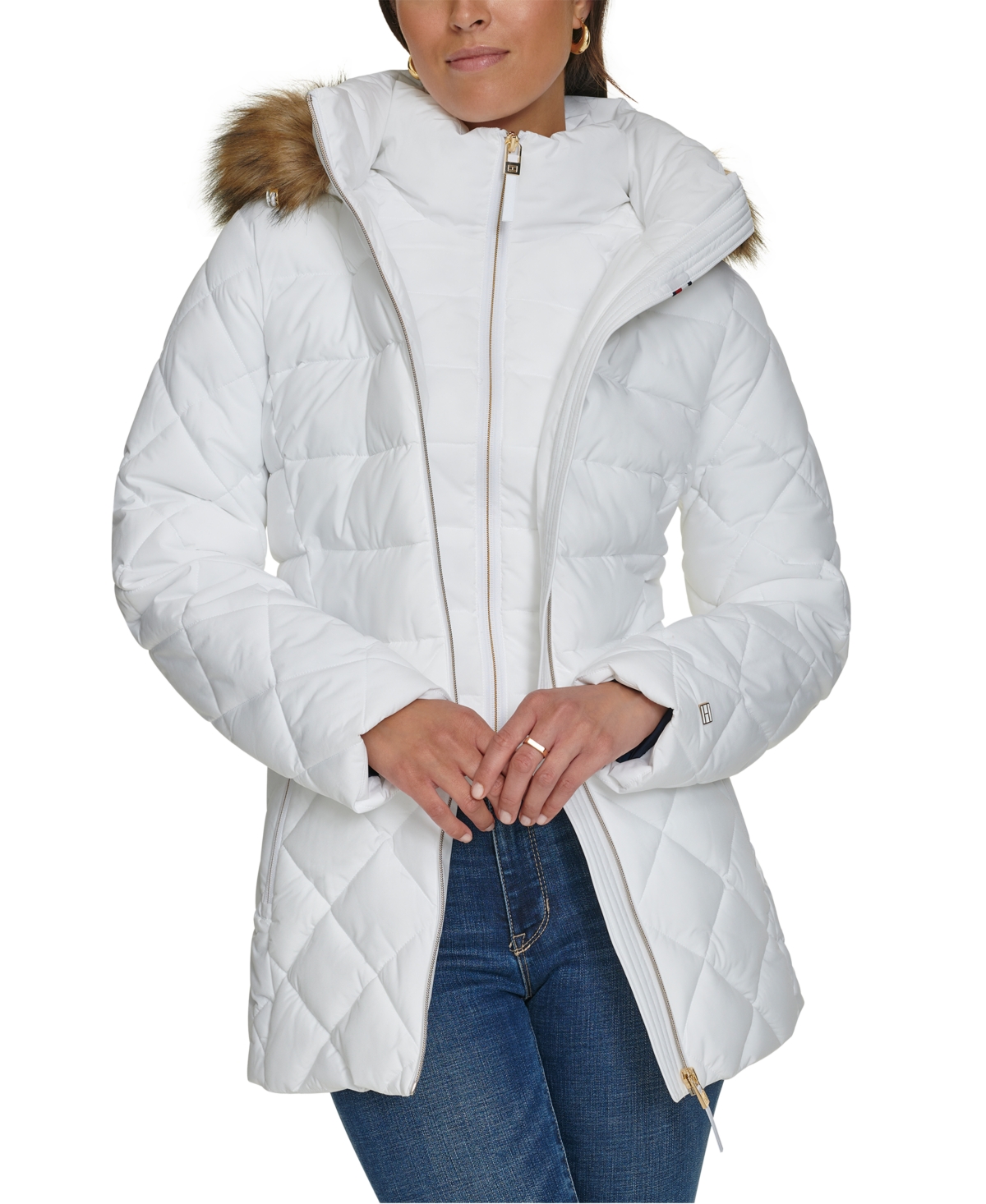 Click here for Tommy Hilfiger Womens Bibbed Faux-Fur-Trim Hooded... prices