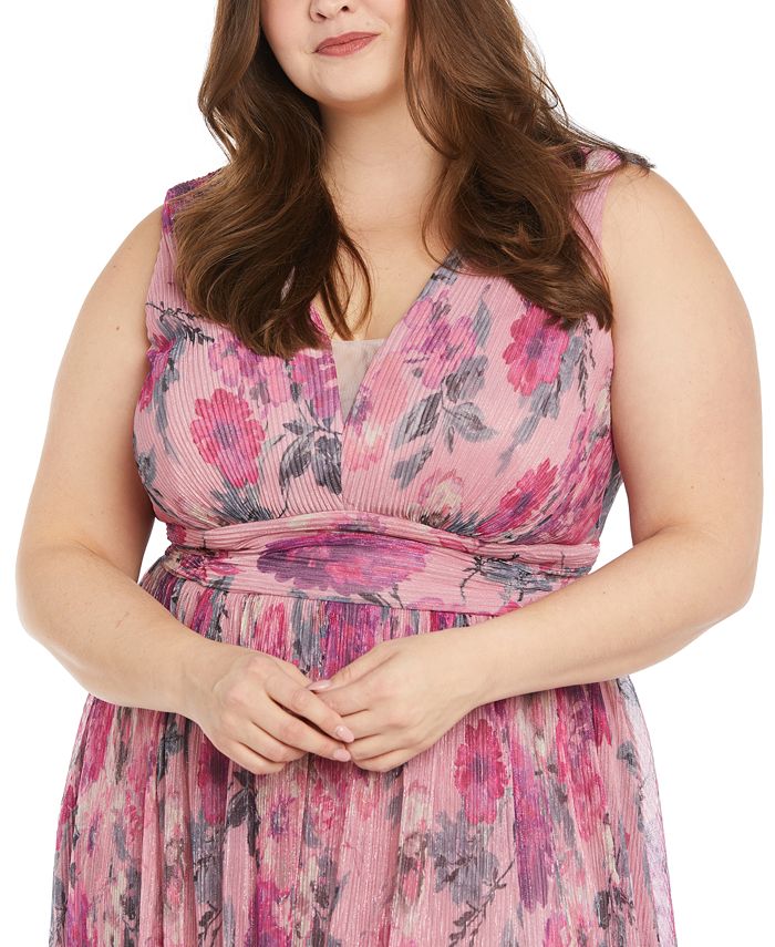 R & M Richards Plus Size Metallic Crinkle-Pleat Floral Dress - Macy's