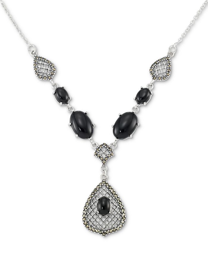 Macys Onyx And Marcasite 12 Ct Tw Teardrop Pendant Necklace In 0766
