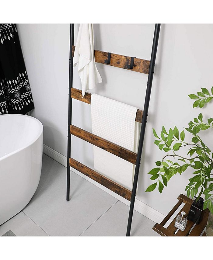 Slickblue 5-Tier Blanket Ladder Shelf, Wall-Leaning Rack with 4 Hooks ...