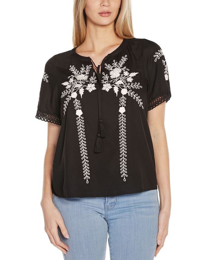 Belldini Women's Embroidered Tie-Neck Peasant Top - Macy's
