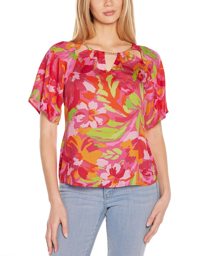 Belldini Women's Abstract Floral Cutout Detail Top - Macy's