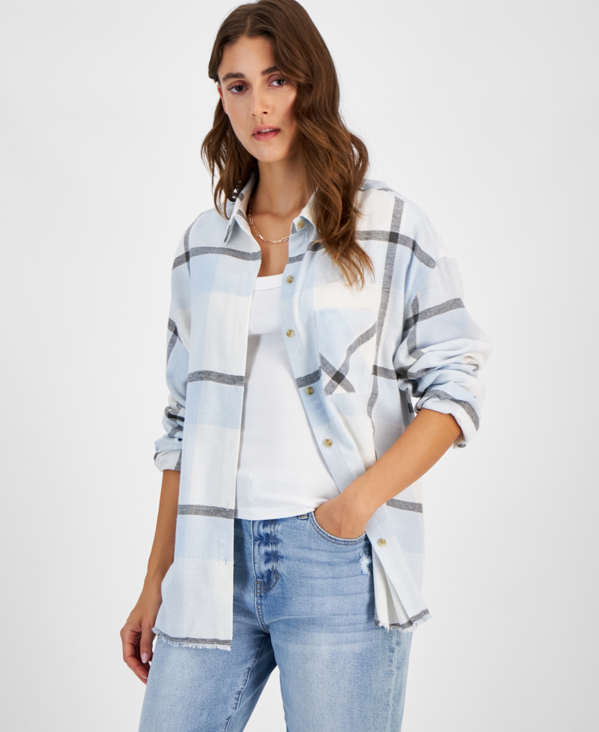 Click here for Just Polly Juniors Girlfriend Frayed-Hem Plaid Shi... prices