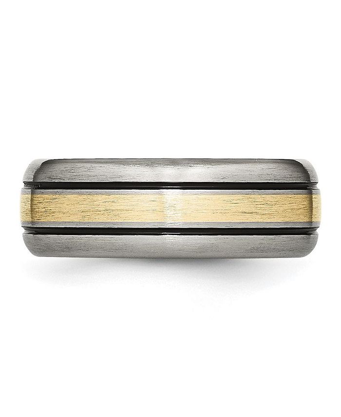 Chisel Titanium Antiqued and Brushed 14k Gold Inlay Grooved Band Ring ...