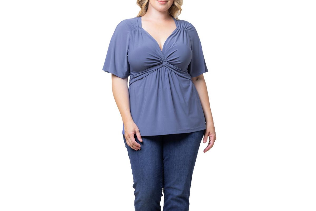 Click here for Kiyonna Plus Size Abby Twist Front Top - Slate blu... prices