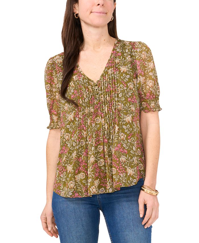 Sam & Jess Petite V-Neck Pintuck-Front Puff-Sleeve Top - Macy's
