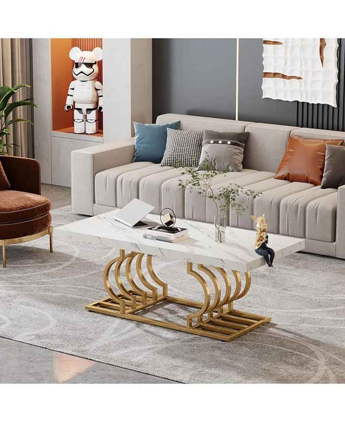 Tribesigns Modern Coffee Table, 47 Inch Faux Marble Cocktail Table with Geometric Frame ...