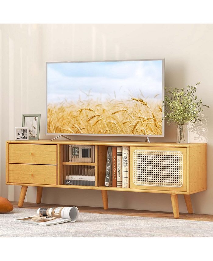 Costway Bamboo TV Stand Console Table with PE Rattan Door & 2 Drawers ...