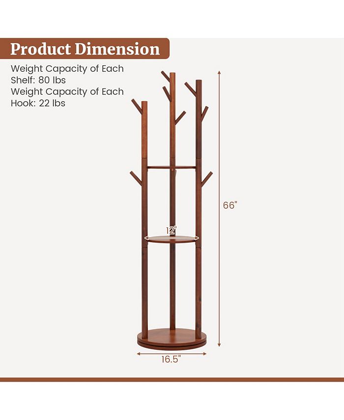 Costway Freestanding Wooden Coat Tree 360° Rotary Coat Rack with 3 ...
