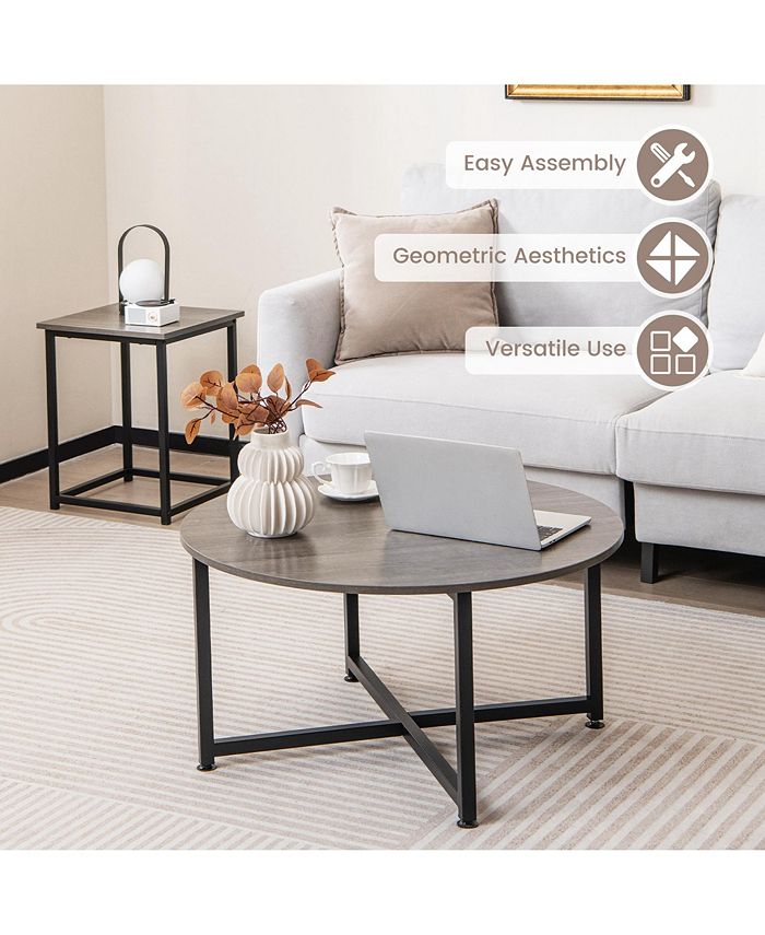 Costway 3 PCS Coffee Table Set Round Coffee Table and 2 PCS Square End ...