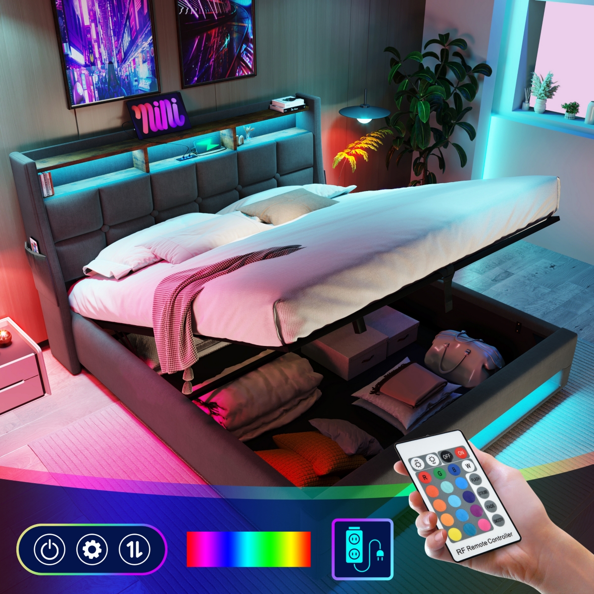 Click here for Streamdale Grey Upholstered Platform Bed with Stor... prices