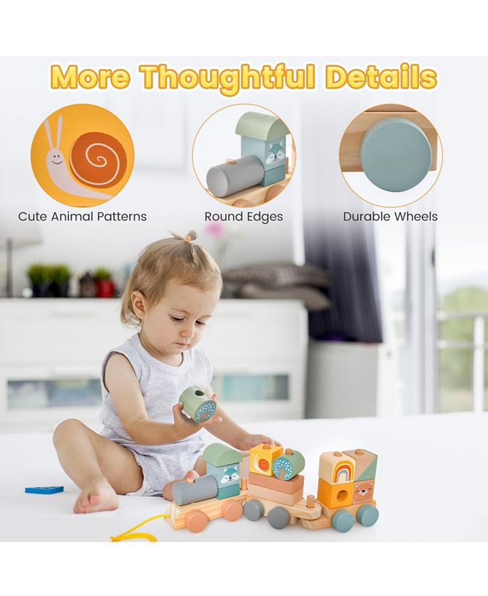 Slickblue Wooden Toy Train Set with Stacking Wooden Blocks and Cute ...