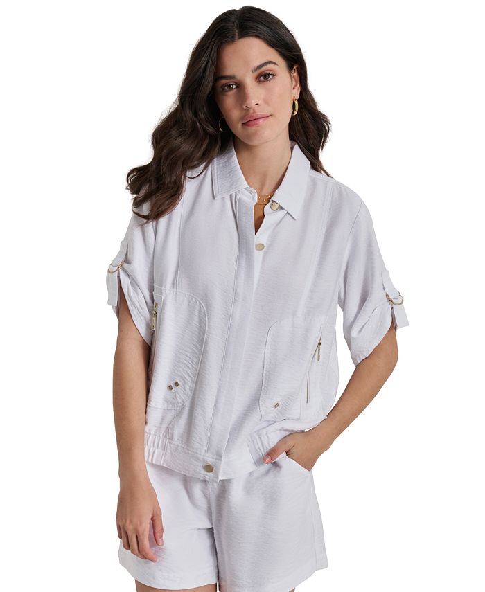 DKNY Women's Roll-Tab Button-Front Crinkle Jacket - Macy's