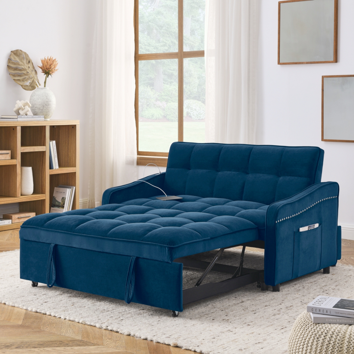 Click here for Simplie Fun Blue Loveseat Sofa Bed with Usb Chargi... prices