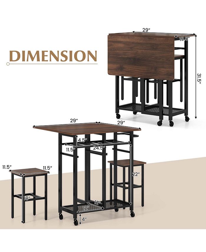 Costway 3 PCS Rolling Dining Table Set Extendable Kitchen Table 2 Stools with Wine Rack - Macy's