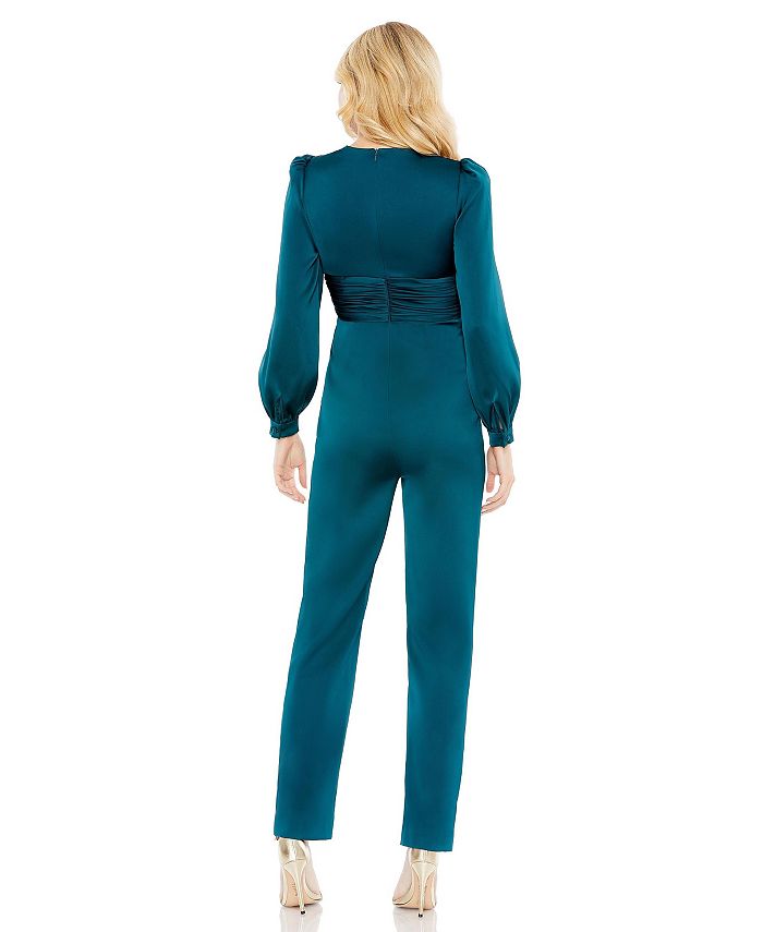 Mac Duggal Womens Ieena Front Twist Puff Sleeve Deep V Jumpsuit Macys