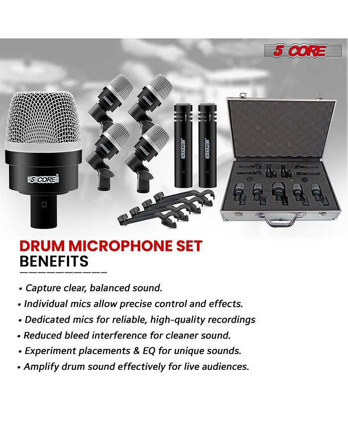 5 Core Drum Mic Kit 7 Piece Drumset XLR Wired Dynamic Microphone Kick ...