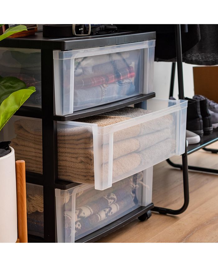 IRIS Plastic 3 Drawer Wide Storage Cart with 4 Caster Wheels, Black ...